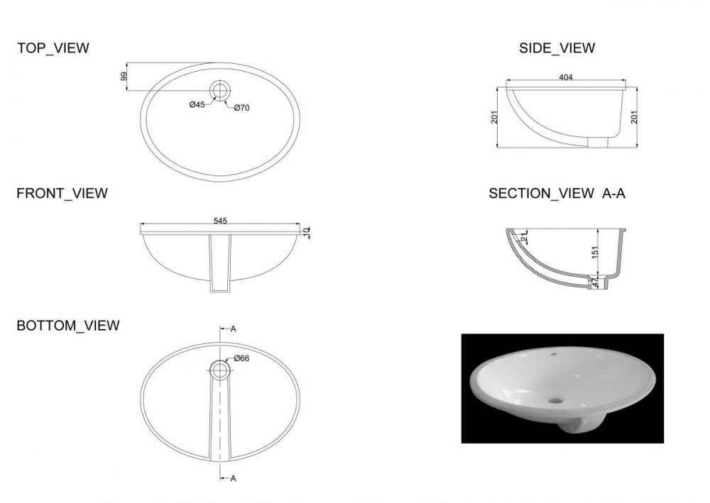 "Раковина Devit Ovale 1610136 Под Столешницу Без Донного Клапана 545Х400Х200", 545х400х200 ...